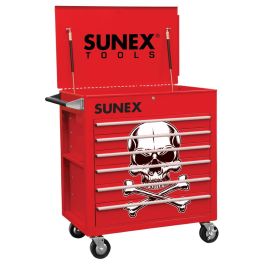 SUNEX 6 Full-Drawer Professional Cart, Red w/White Skull